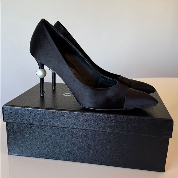 CHANEL | Shoes | Chanel Black Satin Pointed Cap Toe Pearl Cc Logo ...